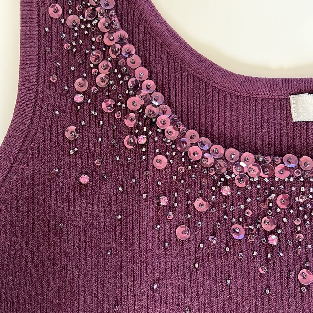 Cache Ribbed Purple Sequin & Beaded Tank - Gem